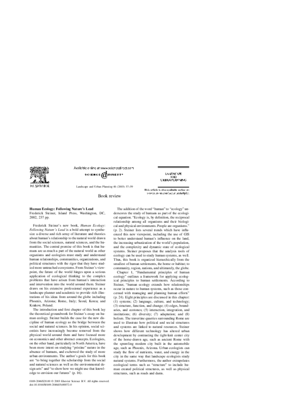 (PDF) Human Ecology: Following Nature's Lead: Frederick Steiner (PDF) Human Ecology: Following Nature's Lead: Frederick Steiner