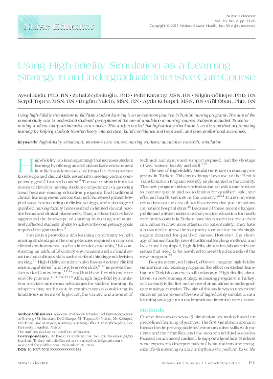 Pdf Using High Fidelity Simulation As A Learning Strategy In An