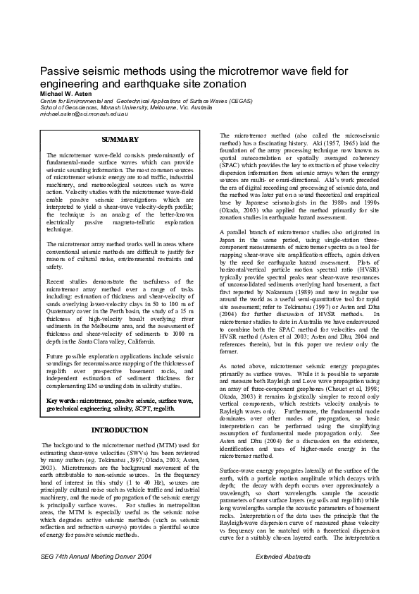 (PDF) Passive seismic methods using the microtremor wave field for ...