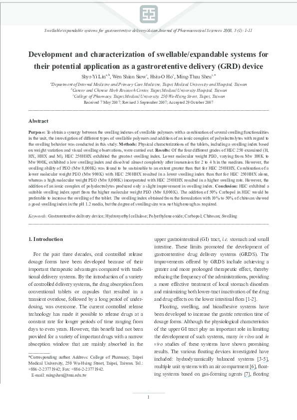 Pdf Development And Characterization Of Swellable Expandable Systems For Their Potential