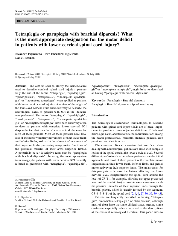 (PDF) Tetraplegia or paraplegia with brachial diparesis? What is the ...