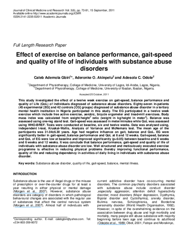 (PDF) Effect of exercise on balance, gait-speed and quality of life of substance abuse patients