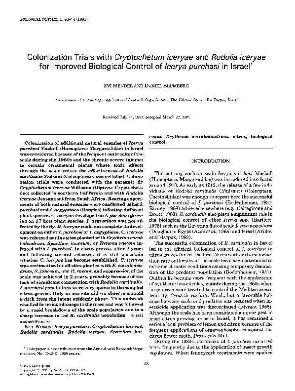(PDF) Colonization trials with Cryptochetum iceryae and Rodolia iceryae ...