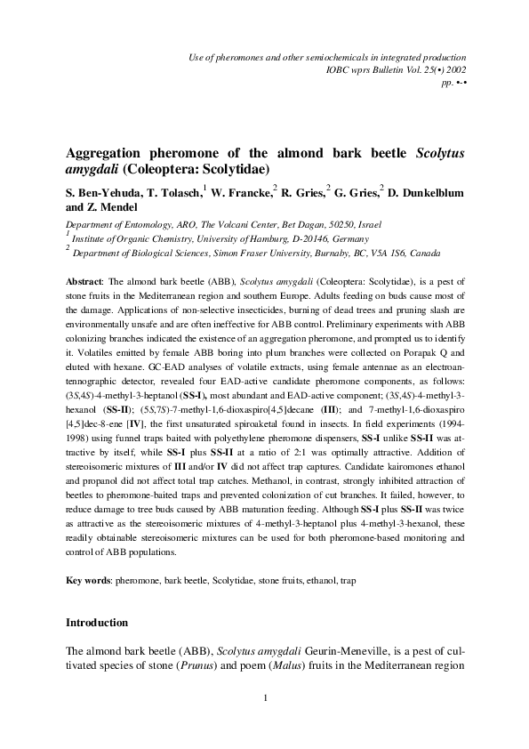 (PDF) Aggregation pheromones of almond bark beetle Scolytus amygdali ...