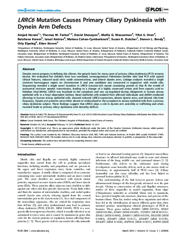 (PDF) LRRC6 Mutation Causes Primary Ciliary Dyskinesia with Dynein Arm ...