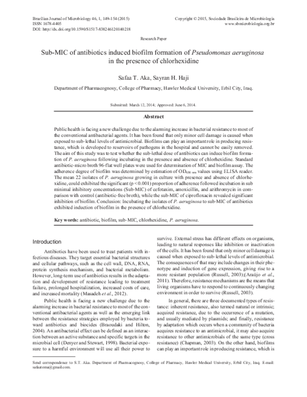 (PDF) Sub-MIC of antibiotics induced biofilm formation of Pseudomonas aeruginosa in the presence ...