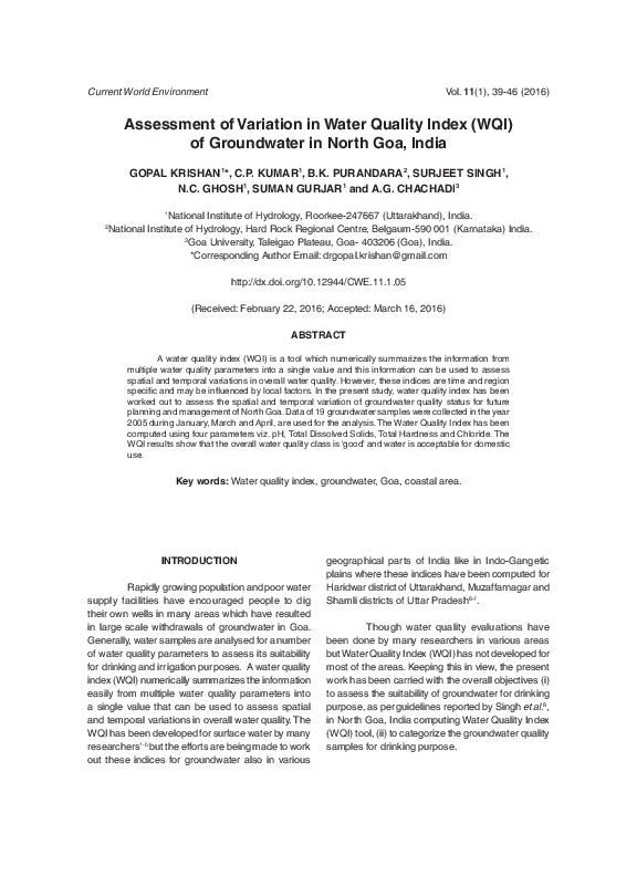 Pdf Assessment Of Variation In Water Quality Index Wqi Of Groundwater In North Goa India