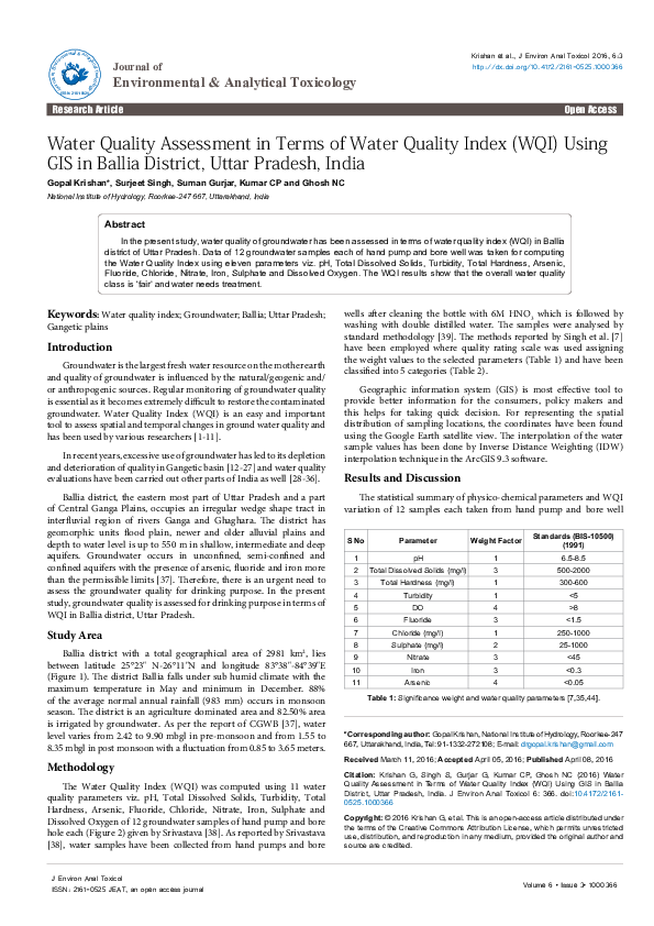 (PDF) Environmental & Analytical Toxicology Water Quality Assessment in Terms of Water Quality ...