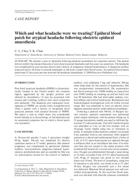 (PDF) Epidural blood patch in post-dural puncture headache in ...