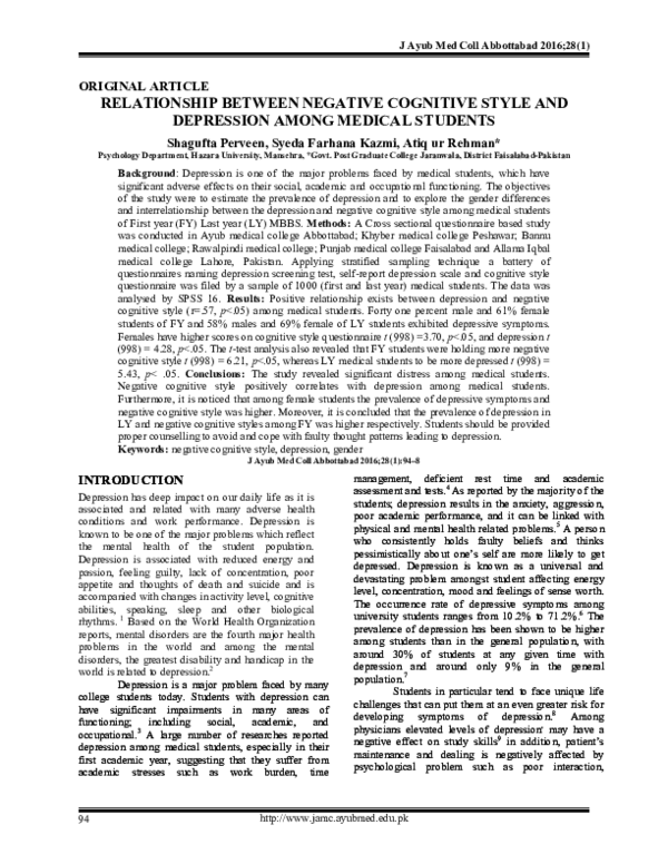 (PDF) RELATIONSHIP BETWEEN NEGATIVE COGNITIVE STYLE AND DEPRESSION ...
