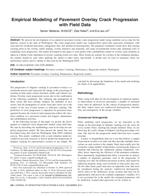 (PDF) Empirical Modeling of Pavement Overlay Crack Progression with Field Data | Samer Madanat ...