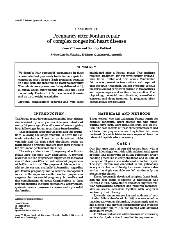(PDF) Pregnancy after Fontan repair of complex congenital heart disease