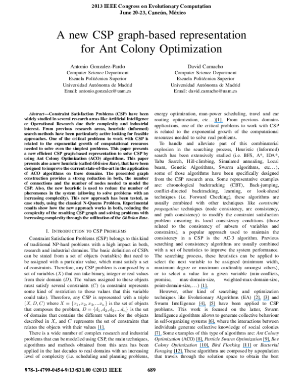 Pdf A New Csp Graph Based Representation For Ant Colony Optimization David Camacho