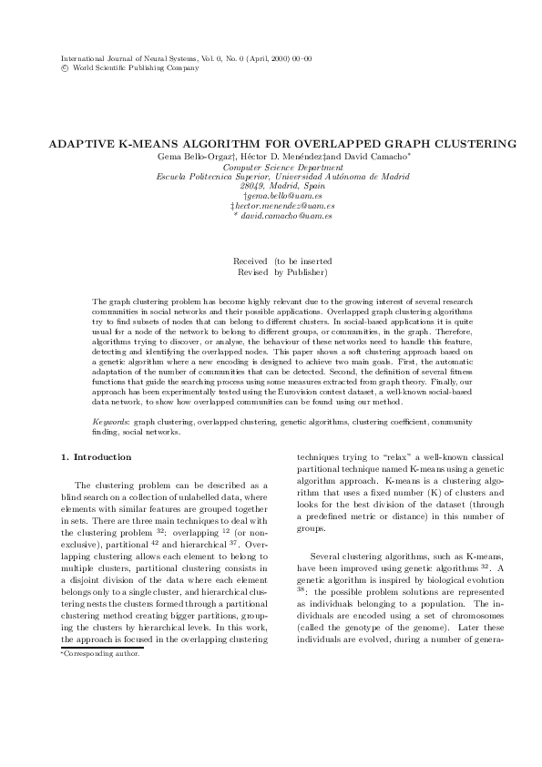 Pdf Adaptive K Means Algorithm For Overlapped Graph Clustering David Camacho