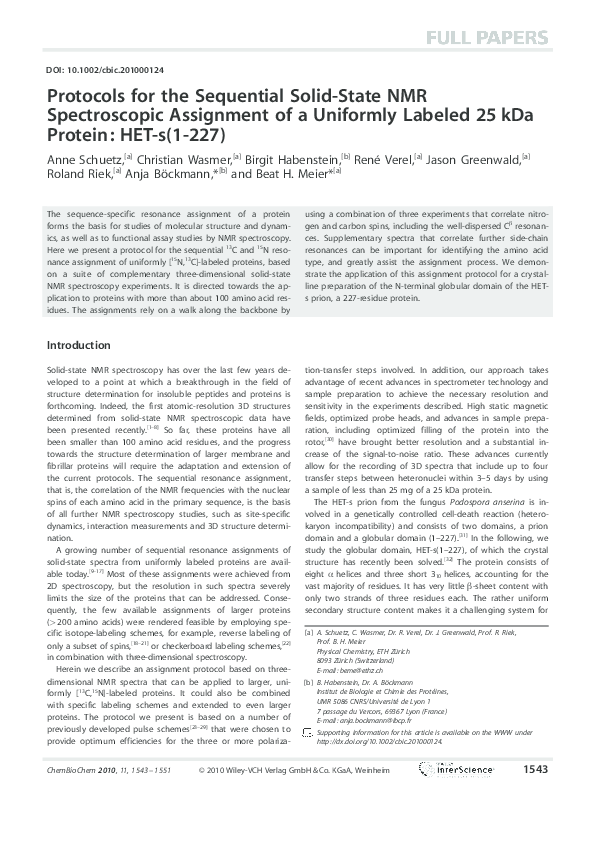 (PDF) Protocols for the Sequential Solid-State NMR Spectroscopic Assignment of a Uniformly ...