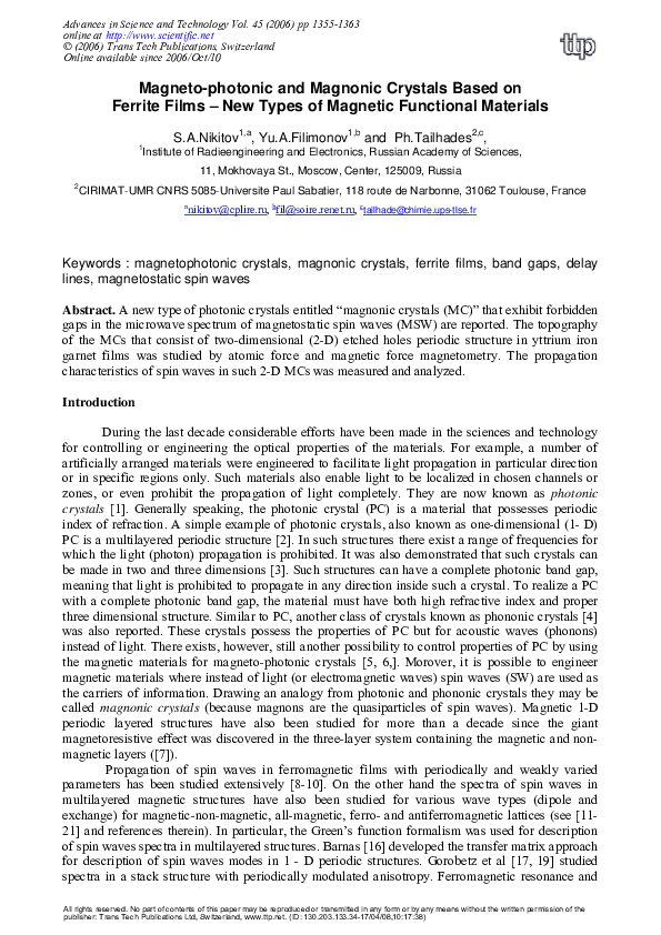 (PDF) Magneto-Photonic and Magnonic Crystals Based on Ferrite Films - New Types of Magnetic ...