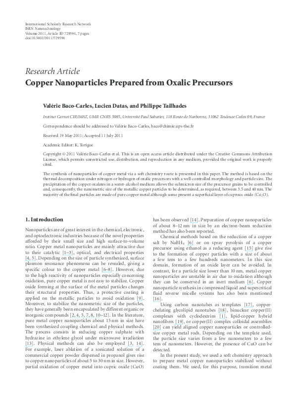 (PDF) Copper Nanoparticles Prepared fromOxalic Precursors