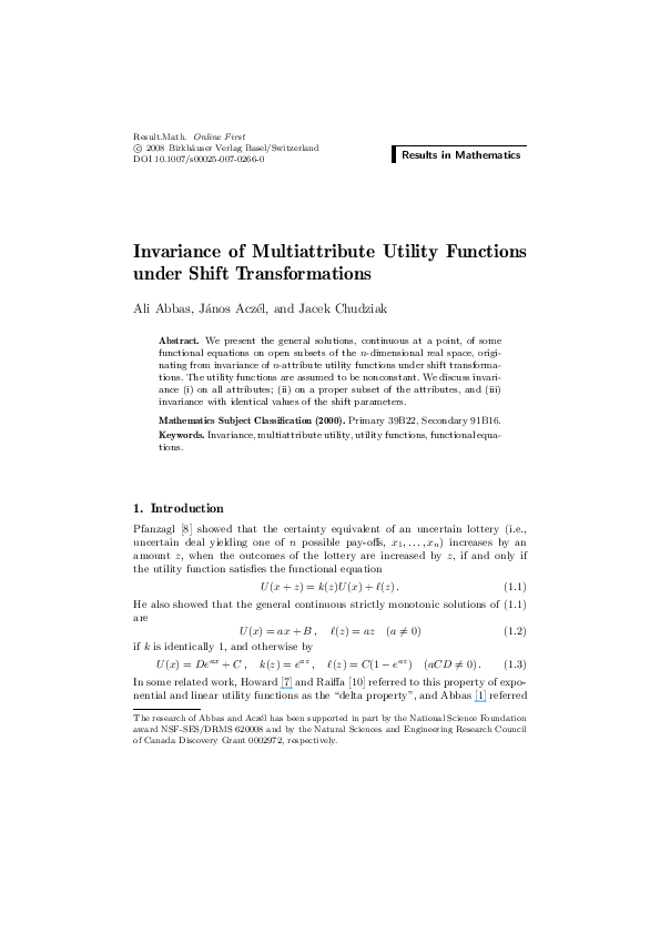 (PDF) Invariance of Multiattribute Utility Functions under Shift Transformations