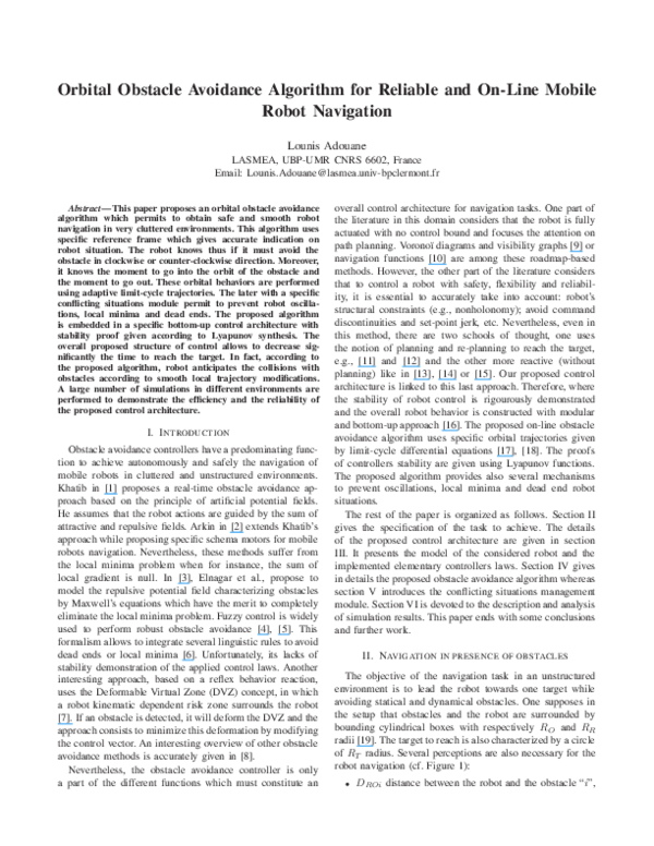 Pdf Orbital Obstacle Avoidance Algorithm For Reliable And On Line Mobile Robot Navigation