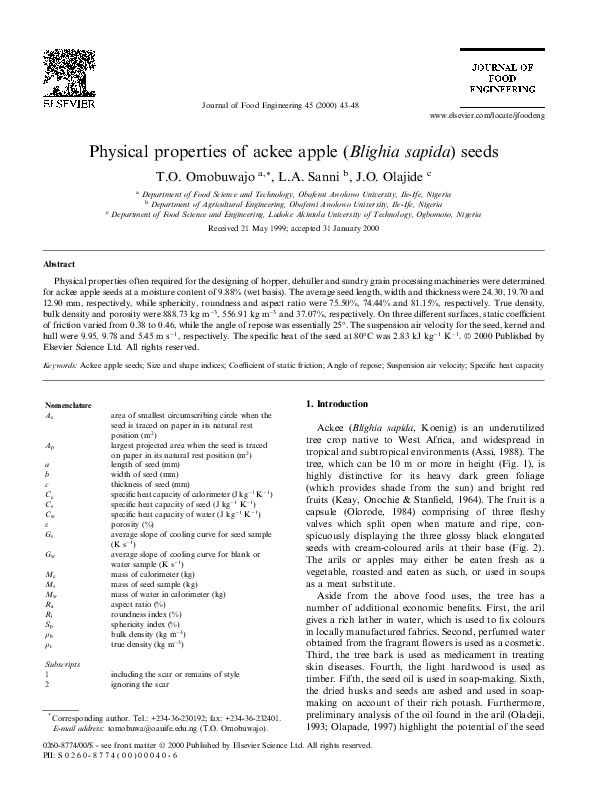 (PDF) Physical properties of ackee apple (Blighia sapida) seeds