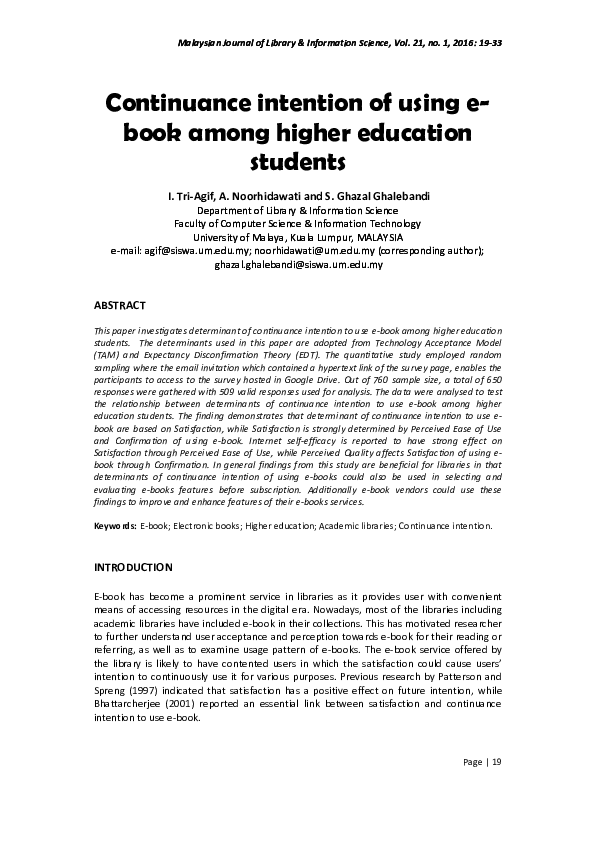 (PDF) Continuance intention of using e- book among higher education students