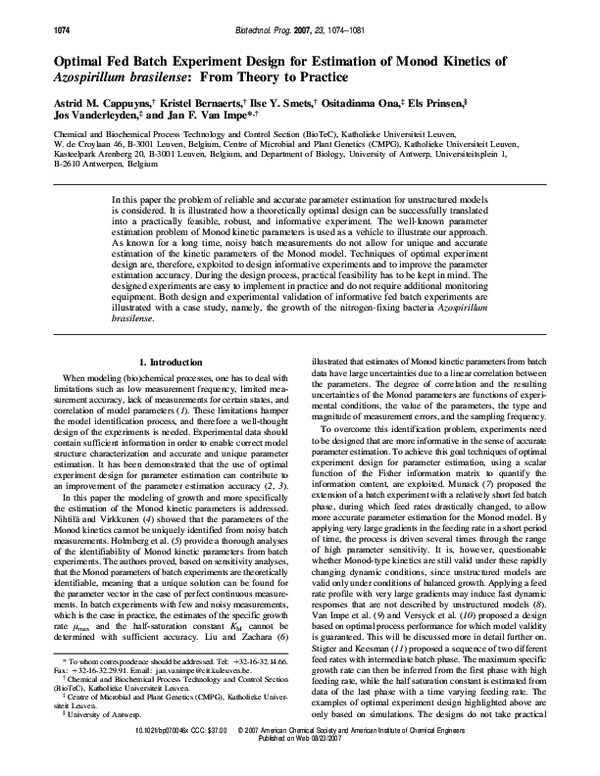 (PDF) Optimal Fed Batch Experiment Design for Estimation of Monod ...