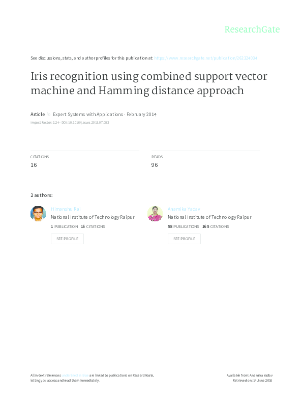 Pdf Iris Recognition Using Combined Support Vector Machine And