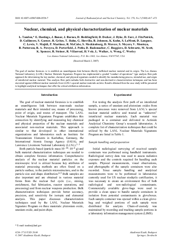 (PDF) Nuclear, chemical, and physical characterization of nuclear materials