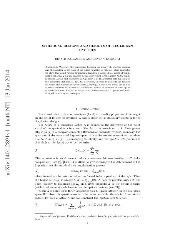 (PDF) Spherical designs and heights of Euclidean lattices | Renaud Coulangeon - Academia.edu