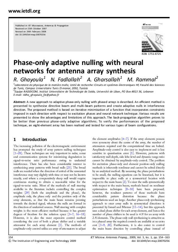 (PDF) Phase-only adaptive nulling with neural networks for antenna array synthesis