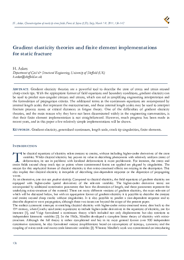 Pdf Gradient Elasticity Theories And Finite Element Implementations For Static Fracture