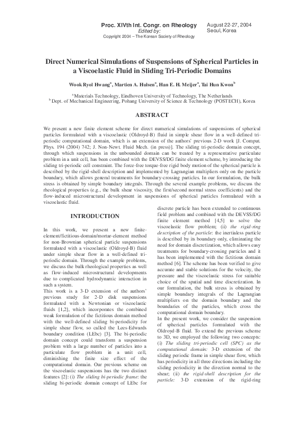 (PDF) Direct Numerical Simulations of Suspensions of Spherical Particles in a Viscoelastic Fluid ...