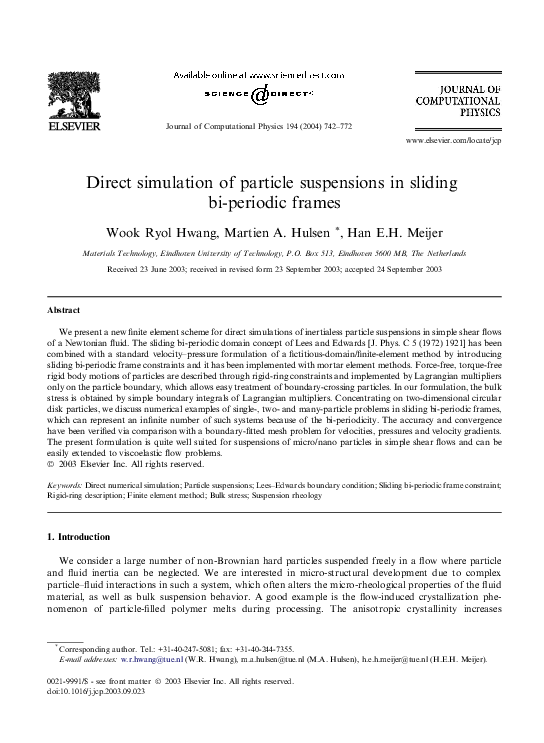 Pdf Direct Simulation Of Particle Suspensions In Sliding Bi Periodic Frames 