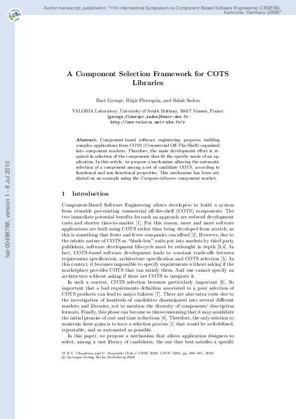 (PDF) A Component Selection Framework for COTS Libraries