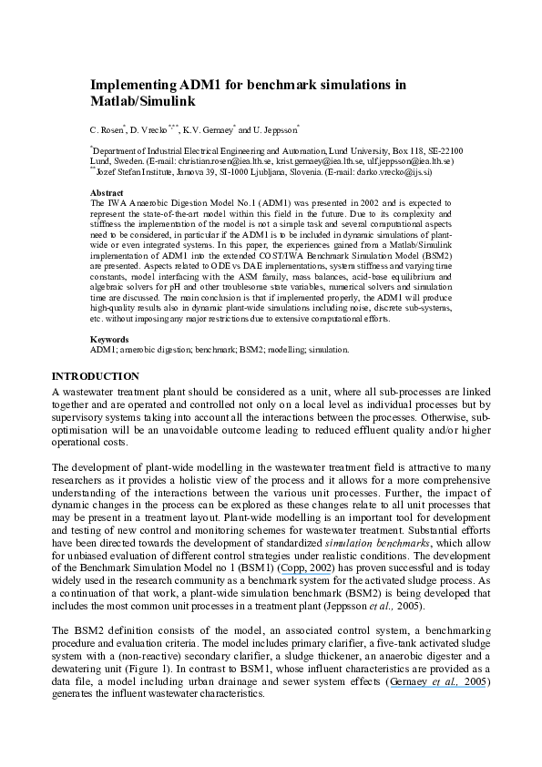 (PDF) Implementing ADM1 for benchmark simulations in Matlab/Simulink