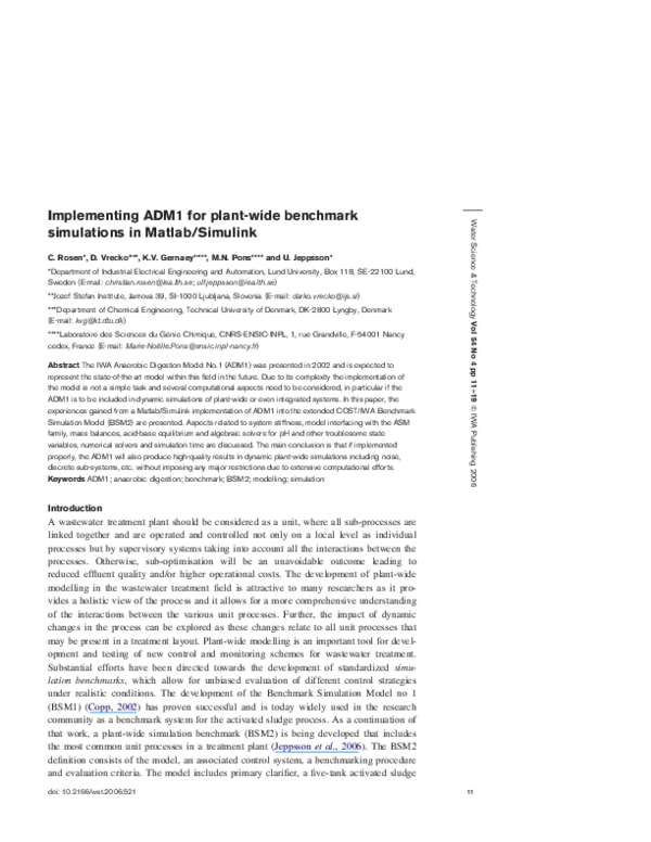 (PDF) Implementing ADM1 for plant-wide benchmark simulations in Matlab/Simulink