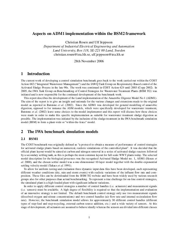 (PDF) Aspects on ADM1 Implementation within the BSM2 Framework