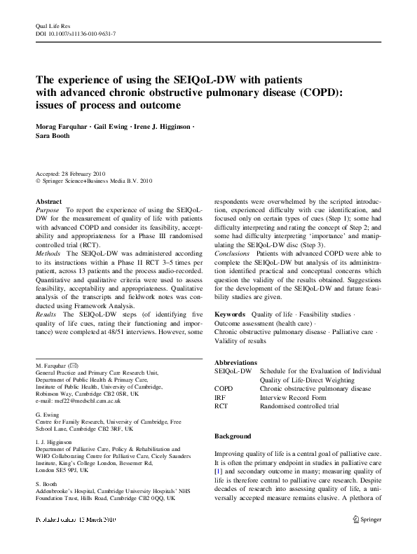 (PDF) The experience of using the SEIQoL-DW with patients with advanced ...