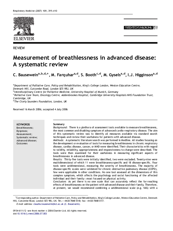 (PDF) Measurement of breathlessness in advanced disease: A systematic ...
