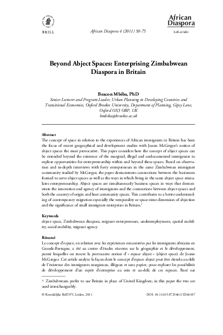 (PDF) Beyond Abject Spaces: Enterprising Zimbabwean Diaspora in Britain