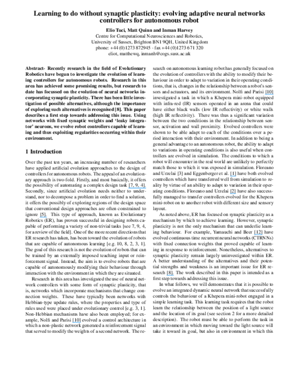 (PDF) Learning to do without synaptic plasticity: evolving adaptive neural networks controllers ...