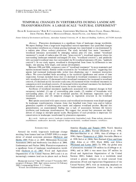 (PDF) Temporal changes in vertebrates during landscape transformation ...