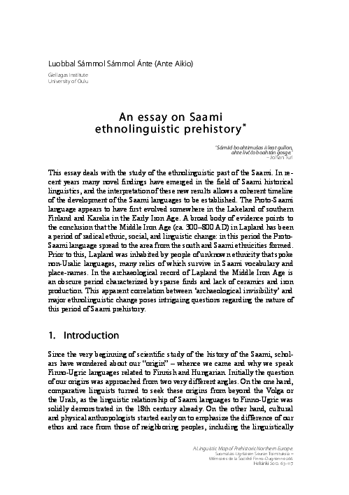 (PDF) An Essay on Saami Ethnolinguistic Prehistory