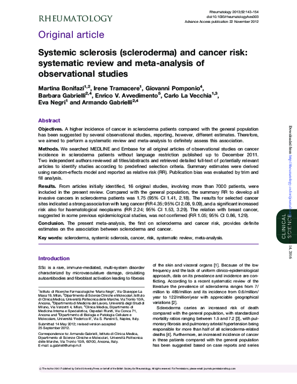 (PDF) Systemic sclerosis (scleroderma) and cancer risk: systematic ...