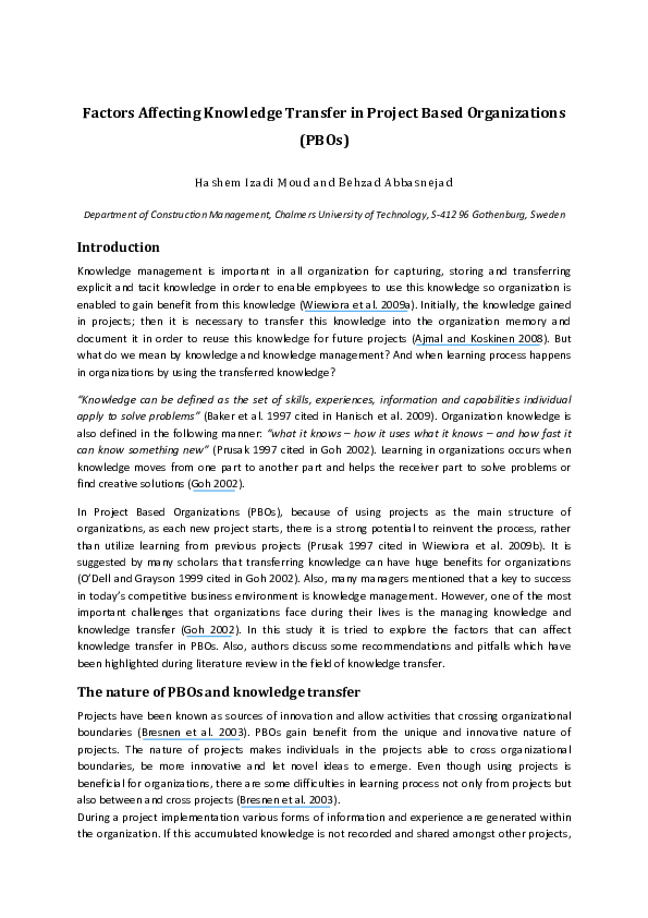 (PDF) Factors Affecting Knowledge Transfer in Project Based Organizations