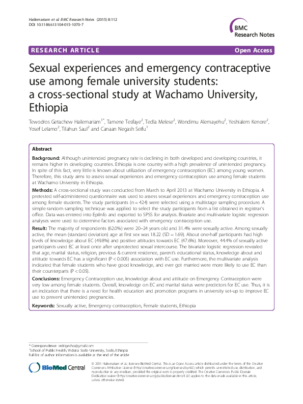 (PDF) Sexual experiences and emergency contraceptive use among female ...