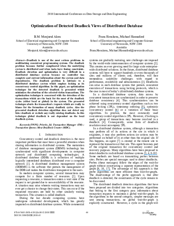 Pdf Optimization Of Detected Deadlock Views Of Distributed Database Michael Hannaford
