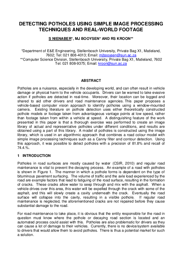 Pdf Detecting Potholes Using Simple Image Processing Techniques And Real World Footage