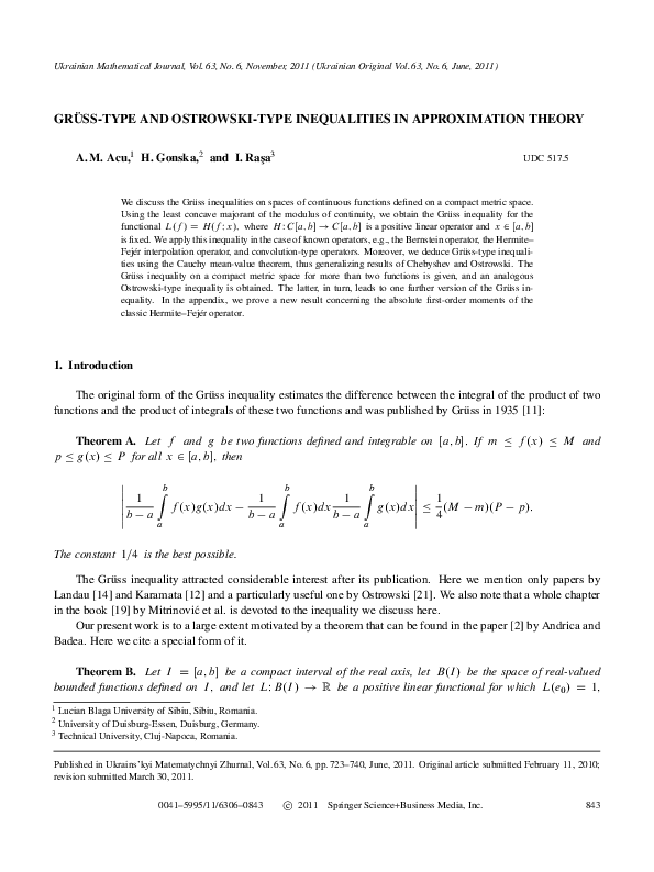 (PDF) Grüss-type and Ostrowski-type inequalities in approximation theory | Ioan Rasa - Academia.edu