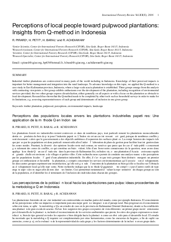 (PDF) Perceptions of local people toward pulpwood plantations: Insights from Q-method in Indonesia